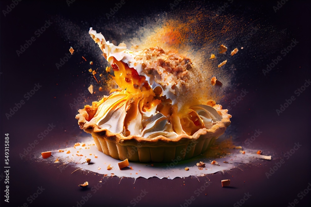 Computer-generated image of exploding pie. Photorealism and 3D shading ...