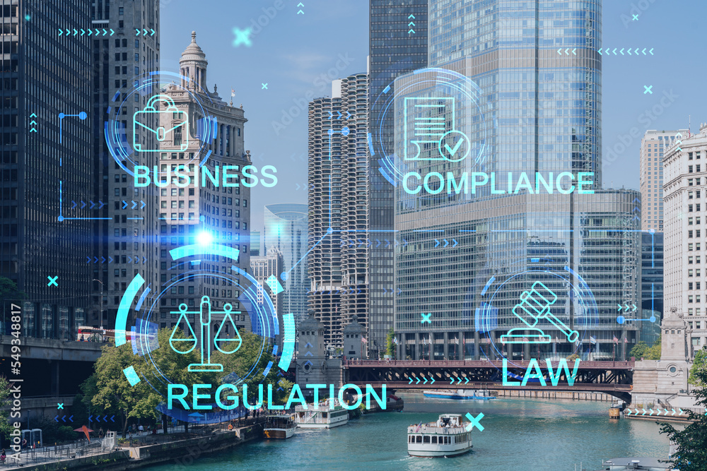 Foto de Stock Panorama cityscape of Chicago downtown and Riverwalk ...