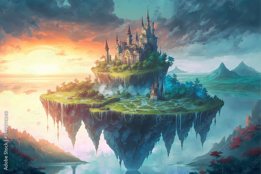 fantasy floating island. digital art. concept art as wallpaper background Stock Illustration ...
