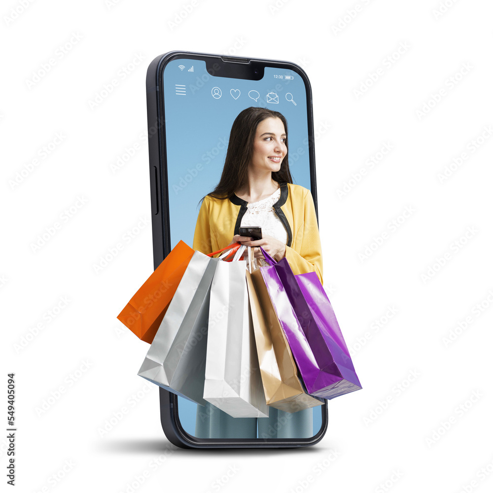 PNG file no background Happy young woman shopping online Stock Photo ...