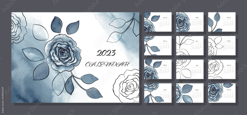 A set of calendar templates. Watercolor drawings of flowers. 12 months ...
