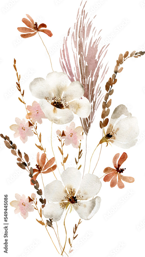Illustration Stock Wildflowers, herbs boho bouquet painted in ...