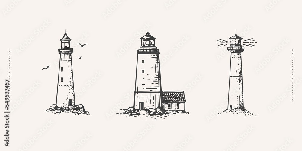 Set of vintage lighthouses in engraving style. Nautical lighthouse on ...
