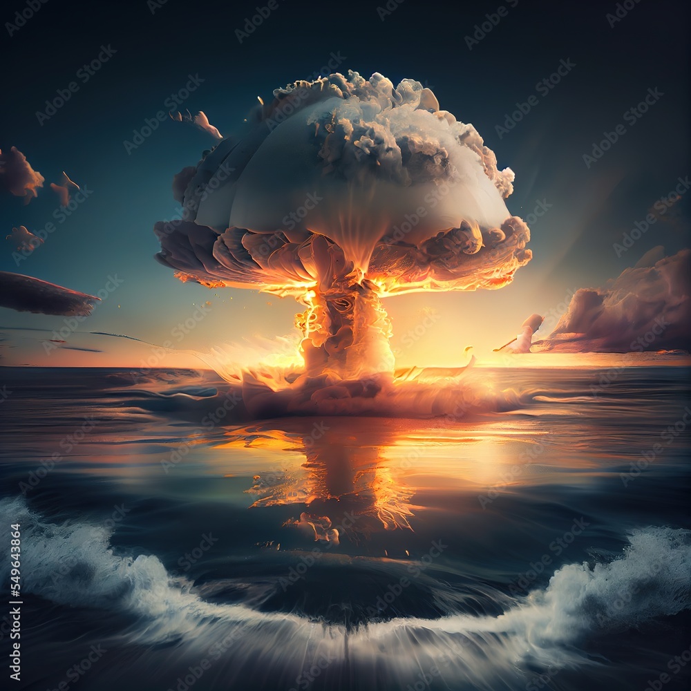 Nuclear explosion in the sea. Atom bomb explosion and mushroom cloud ...