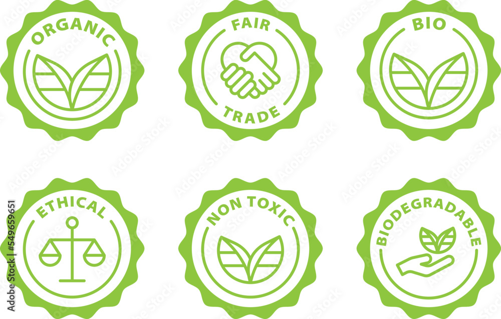 organic, fair trade, bio, ethical, non toxic, biodegradable green stamp ...