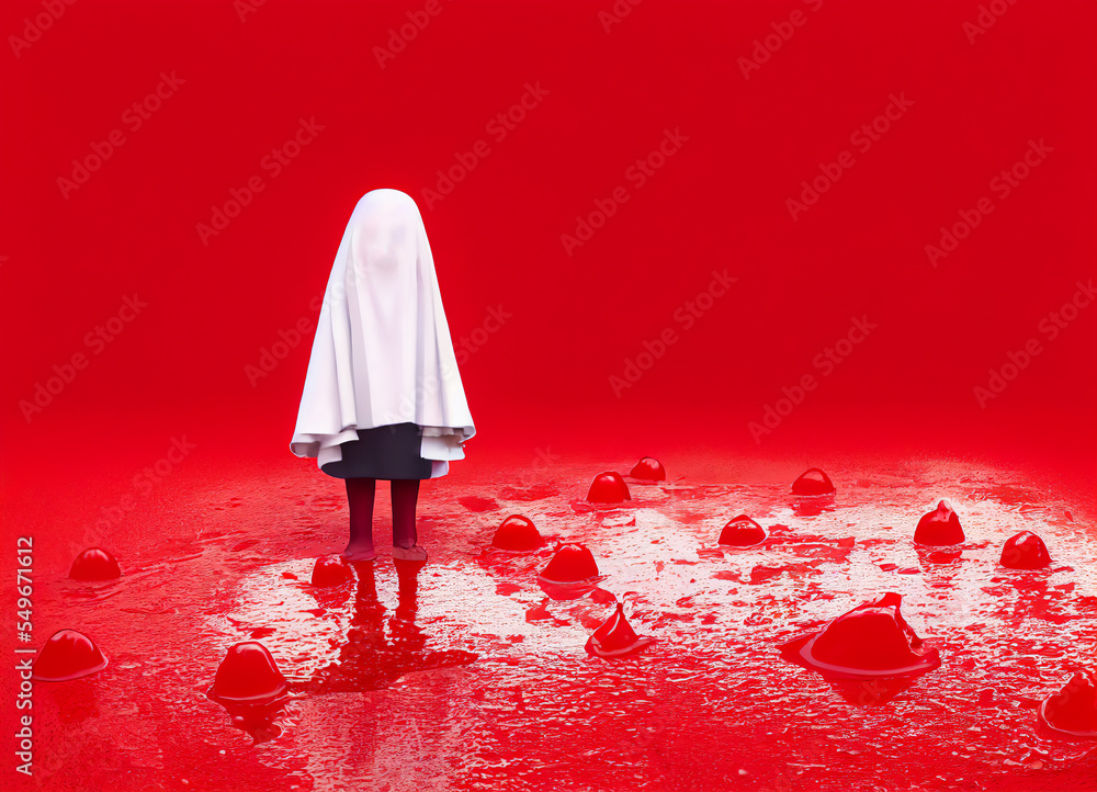 Person victim covered with a white sheet of small ghost, bathing in a ...