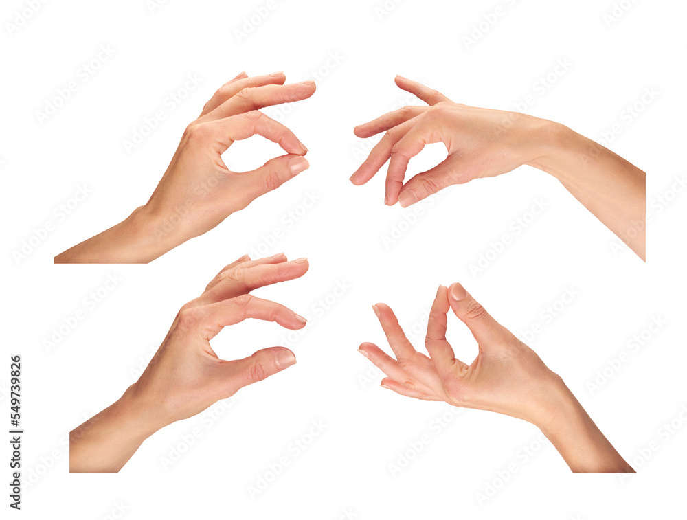 Female, women's hands, fingers and thumb pinching as if holding ...