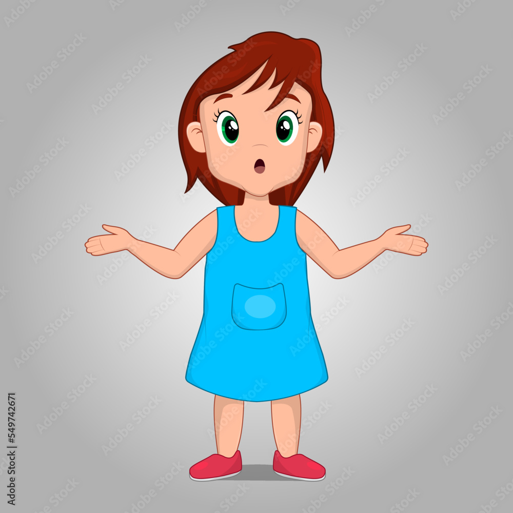 Cute Little girl thinking pose, 2d cartoon character vector Stock ...