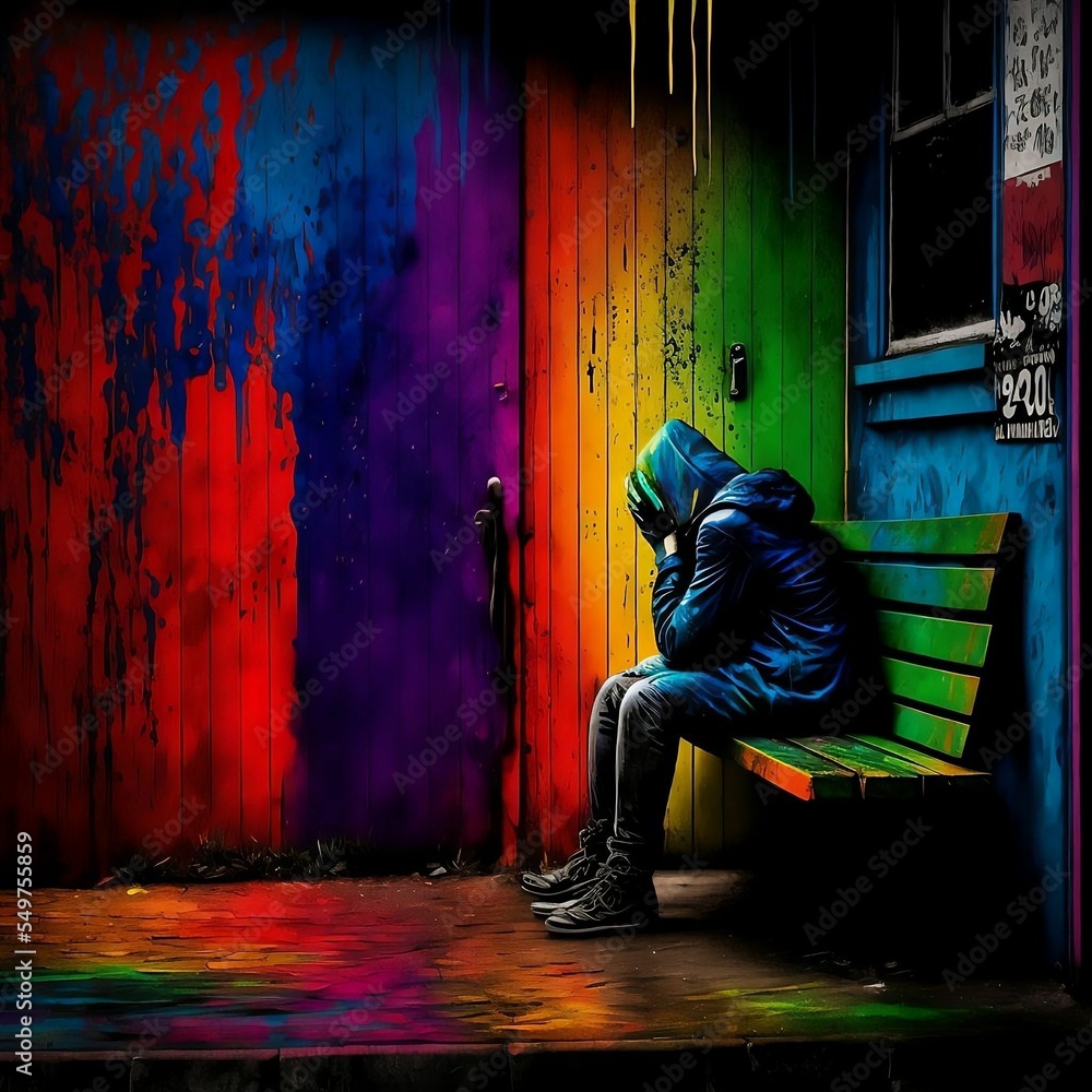 Sulking Human in Hoodie in an Alleyway with Rainbow Colored Walls ...