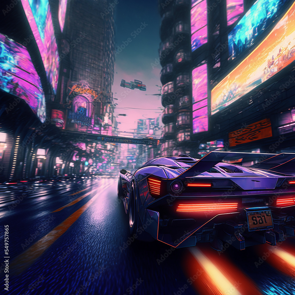 wide angle action image of cybernetic japanese street racing cars ...