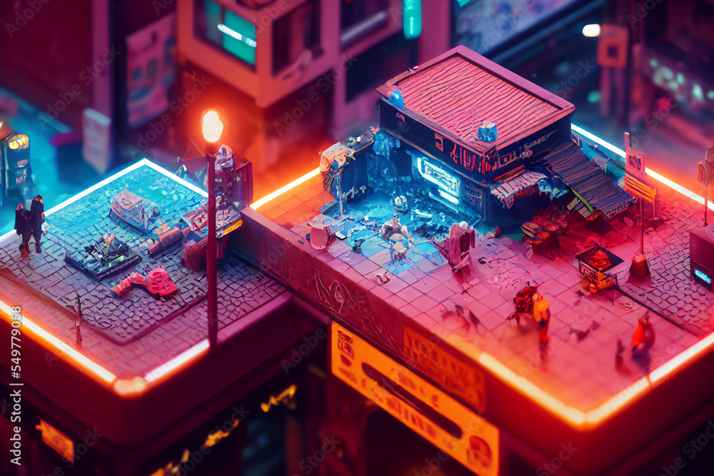 Architectural neon, a beautiful isometric diorama of cyberpunk 2077 ...