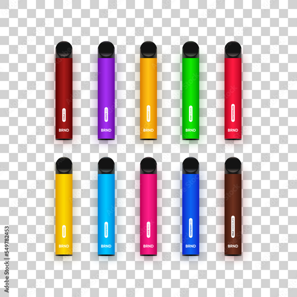 Set of colorful disposable electronic cigarettes in different flavors ...