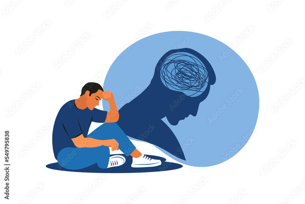 Depressed man sitting on floor. Mental health concept. Depression, bipolar disorder, obsessive ...