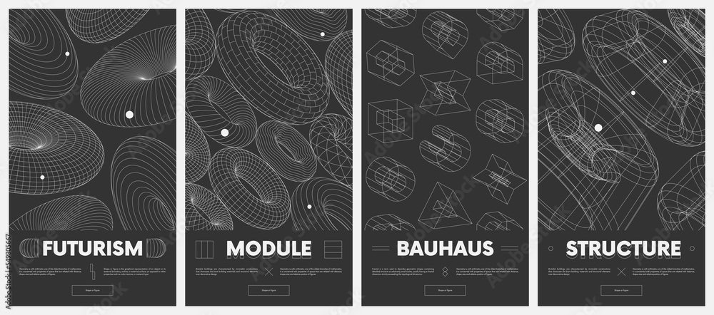Collection vector posters with strange wireframes of geometric shapes modern design inspired by ...
