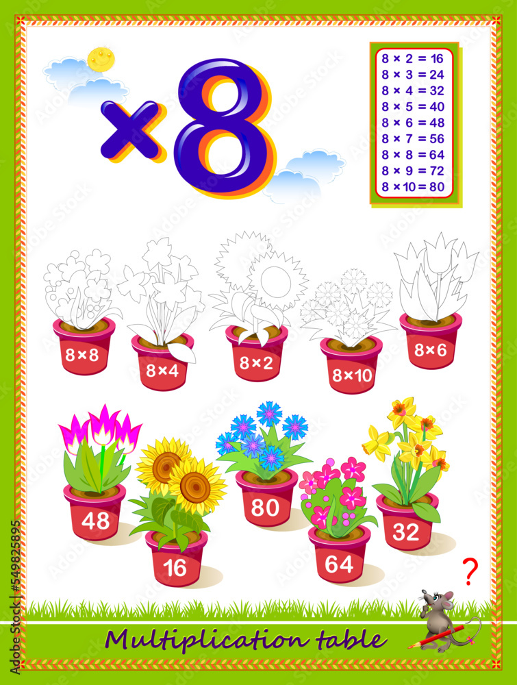 Multiplication table by 8 for kids. Solve examples and paint the ...