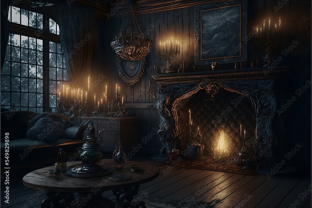 Gothic mansion victorian living room fireplace interior with huge windows design illustration ...