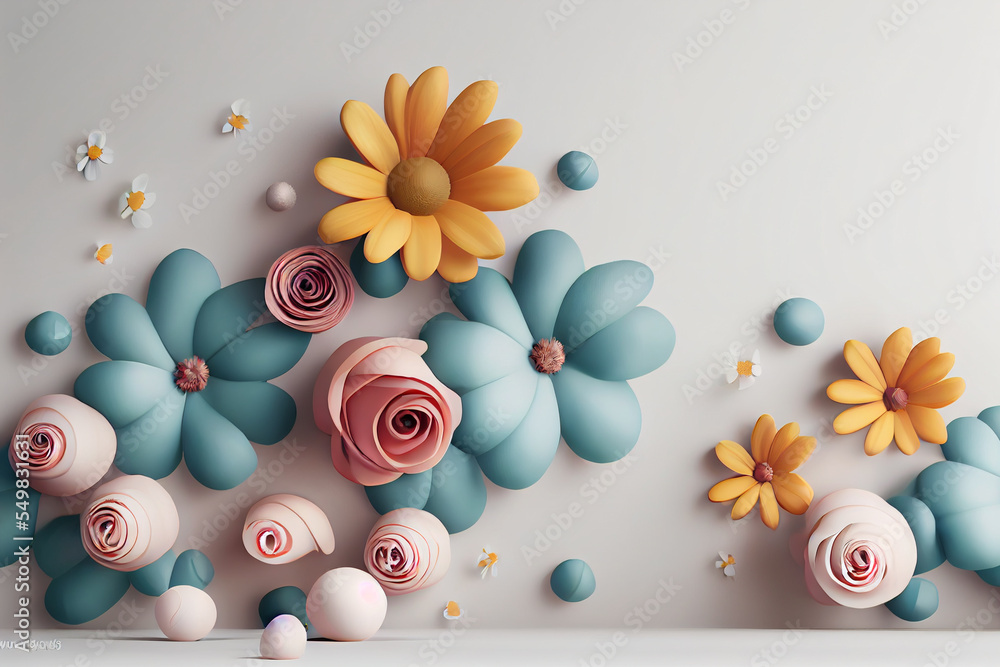 3d render, digital illustration, colorful paper flowers wallpaper ...