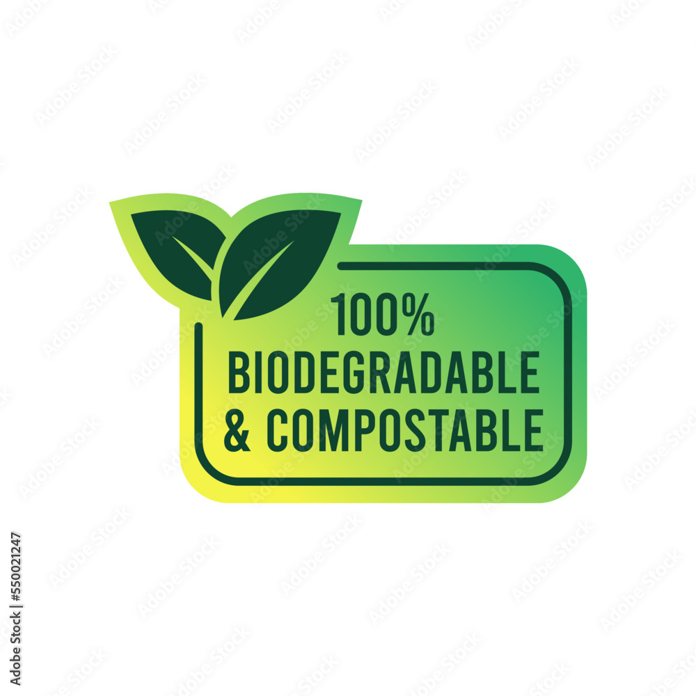 Biodegradable and compostable recyclable vector icon. 100 percent bio recycling package green ...