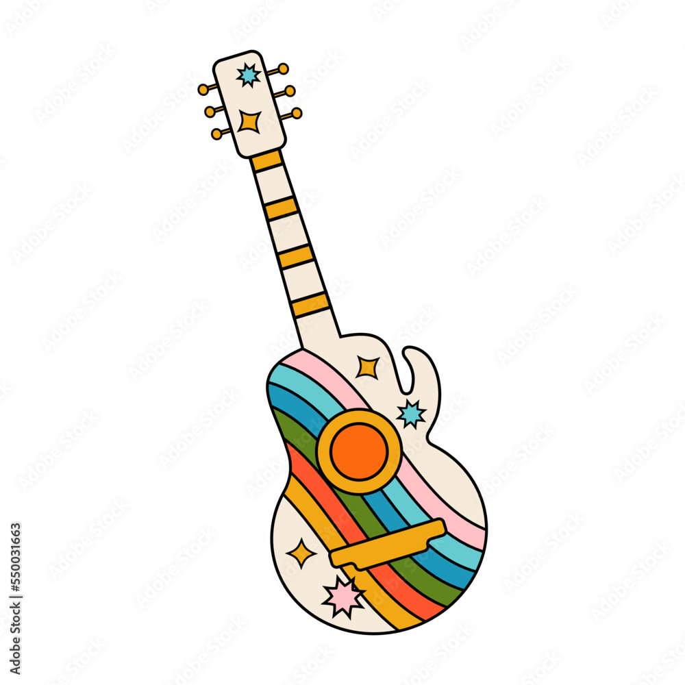 Guitar in the style of the 60-70s with a painted rainbow and stars ...
