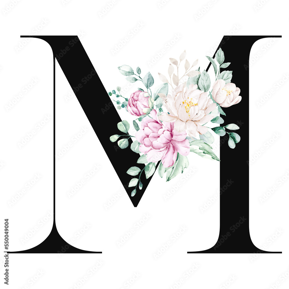 Floral alphabet, letter M with watercolor flowers and leaf. Monogram ...