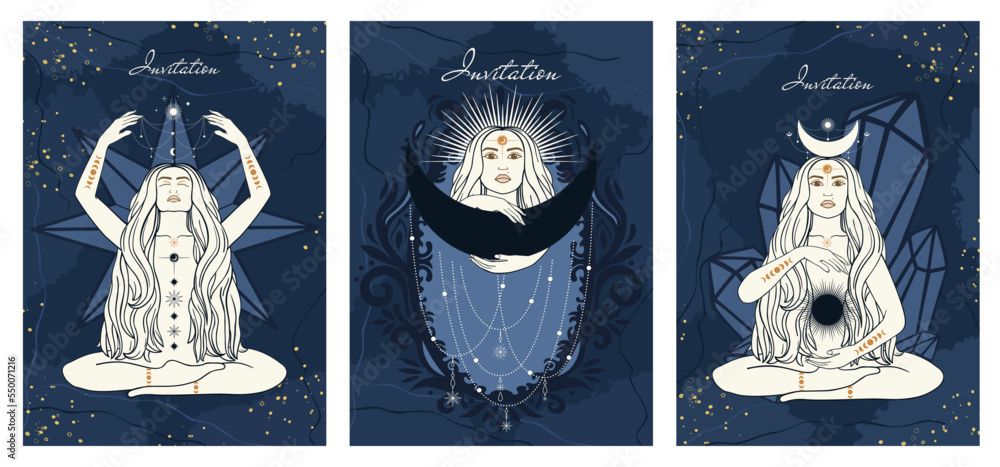 Hand drawn cards of silhouette mystical women with Sun, moon, star in ...
