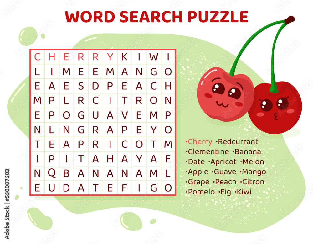 Word search puzzle with fruits and berries. Stock Vector | Adobe Stock