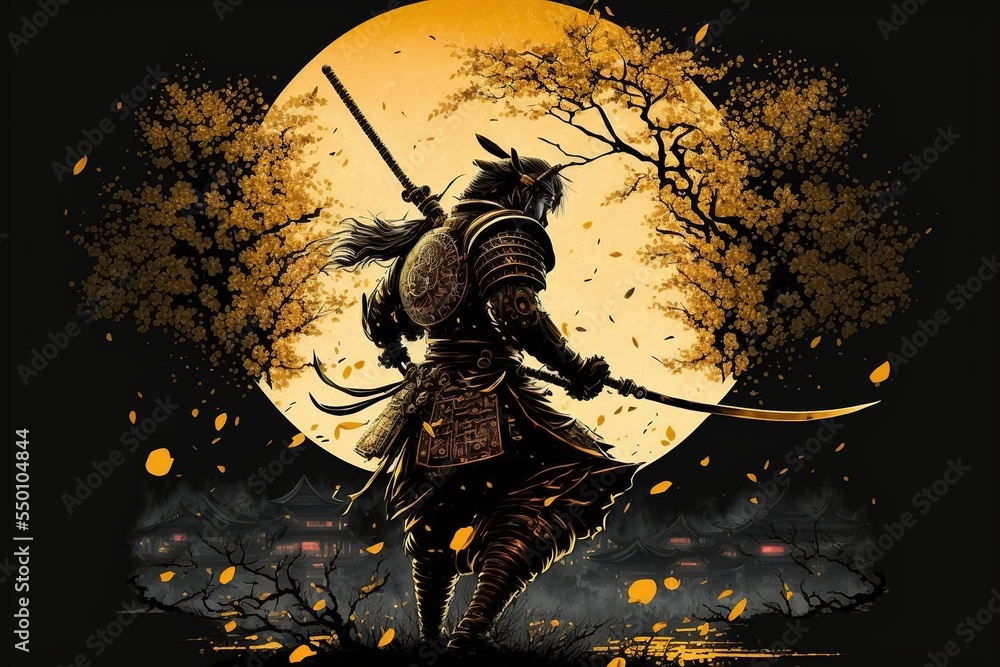 A golden samurai warrior with a Katana in his hand, black background ...