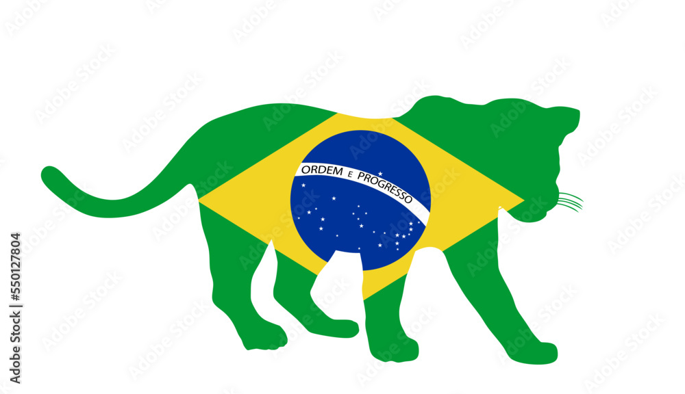 Brazil flag over Jaguar vector silhouette illustration isolated on ...