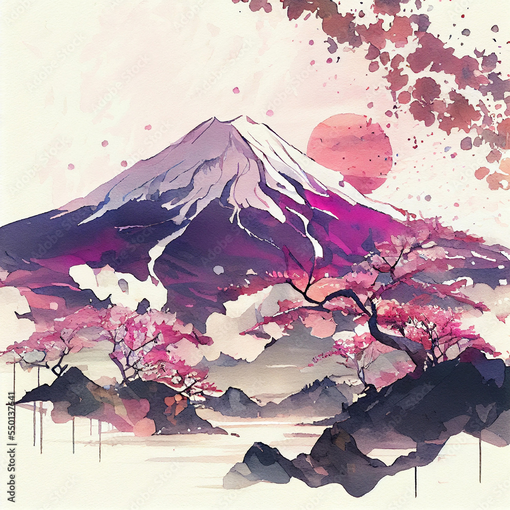 Japan traditional sumi-e painting. Fuji mountain, sakura, sunset. Japan ...