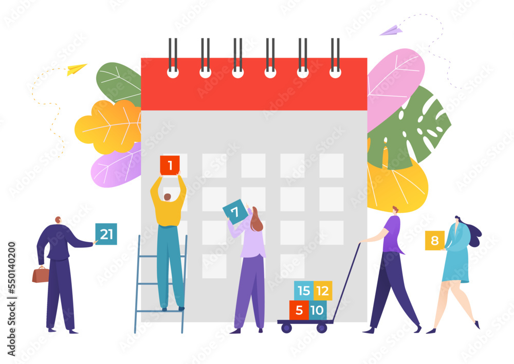 People tiny character together planning schedule, business timetable ...