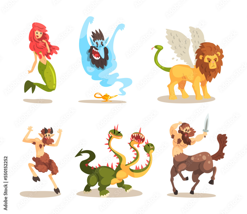 Various Magical Mythical Creatures with Mermaid, Centaur, Faun, Fire Breathing Dragon, Jinn from ...