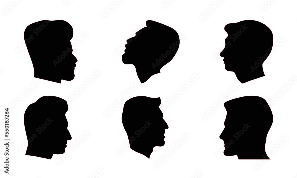 Silhouette man heads in profile. Black face outline avatars ...