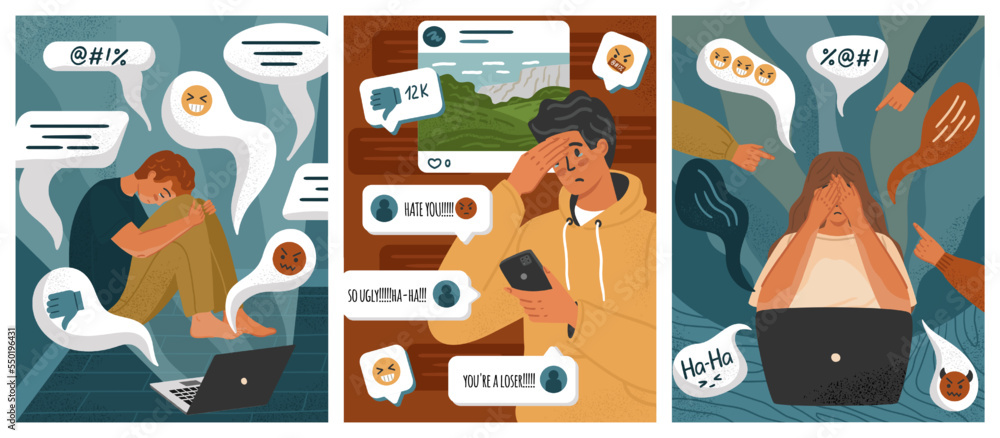 Vettoriale stock di Cyberbullying in social media concept vector set ...