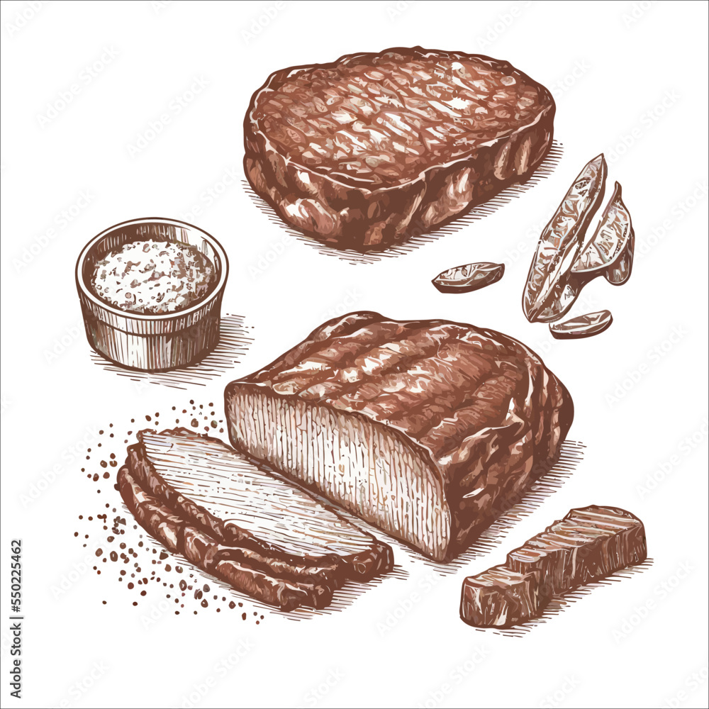 Sketch steak. Hand drawn beef food, engraving bbq meat strip. Flat ...