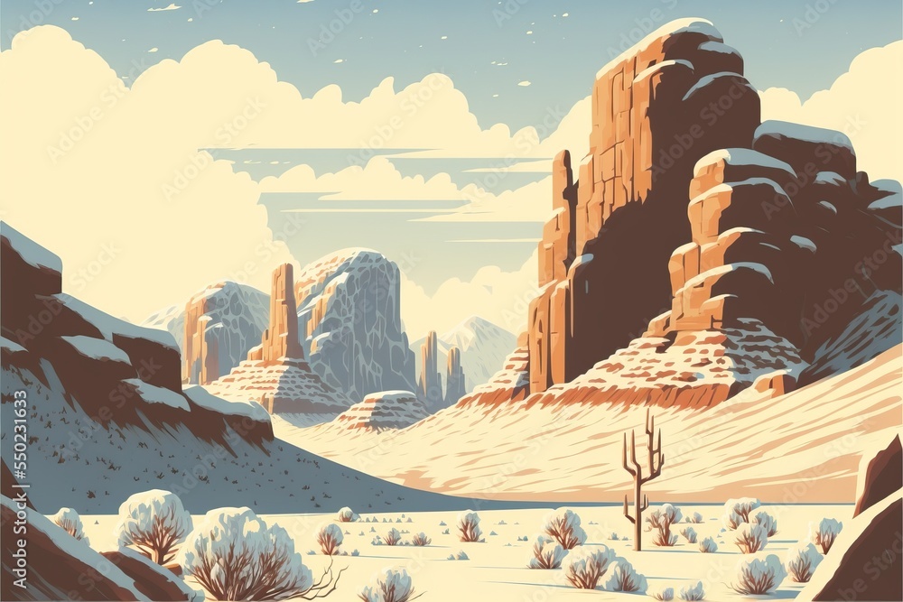 Desert valley landscape covered in snow, towering sandstone rock formation cliffs, distant ...