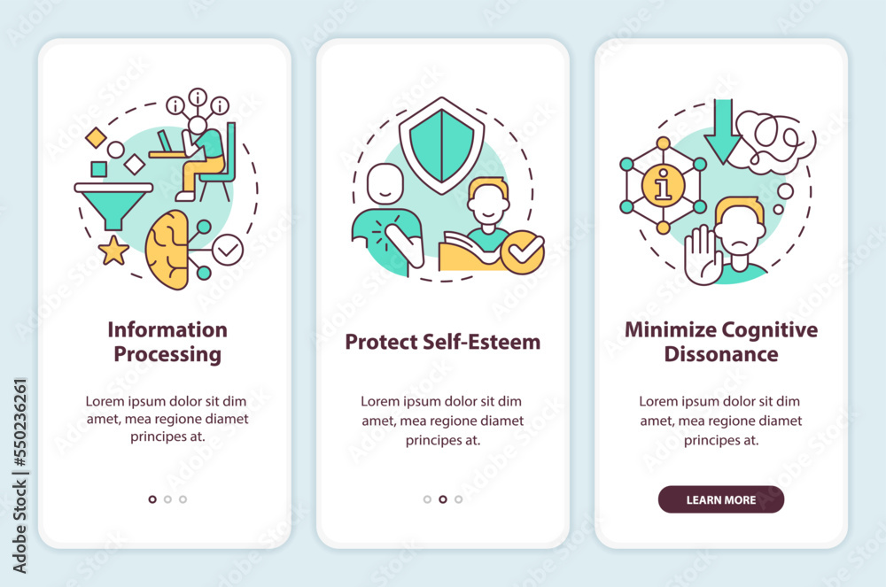 Explanations Of Confirmation Bias Onboarding Mobile App Screen Walkthrough 3 Steps Editable