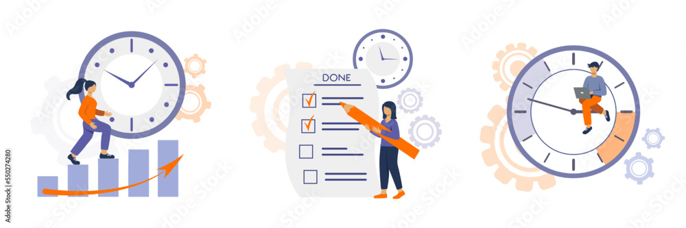 Vector illustration of time management. Characters who successfully ...