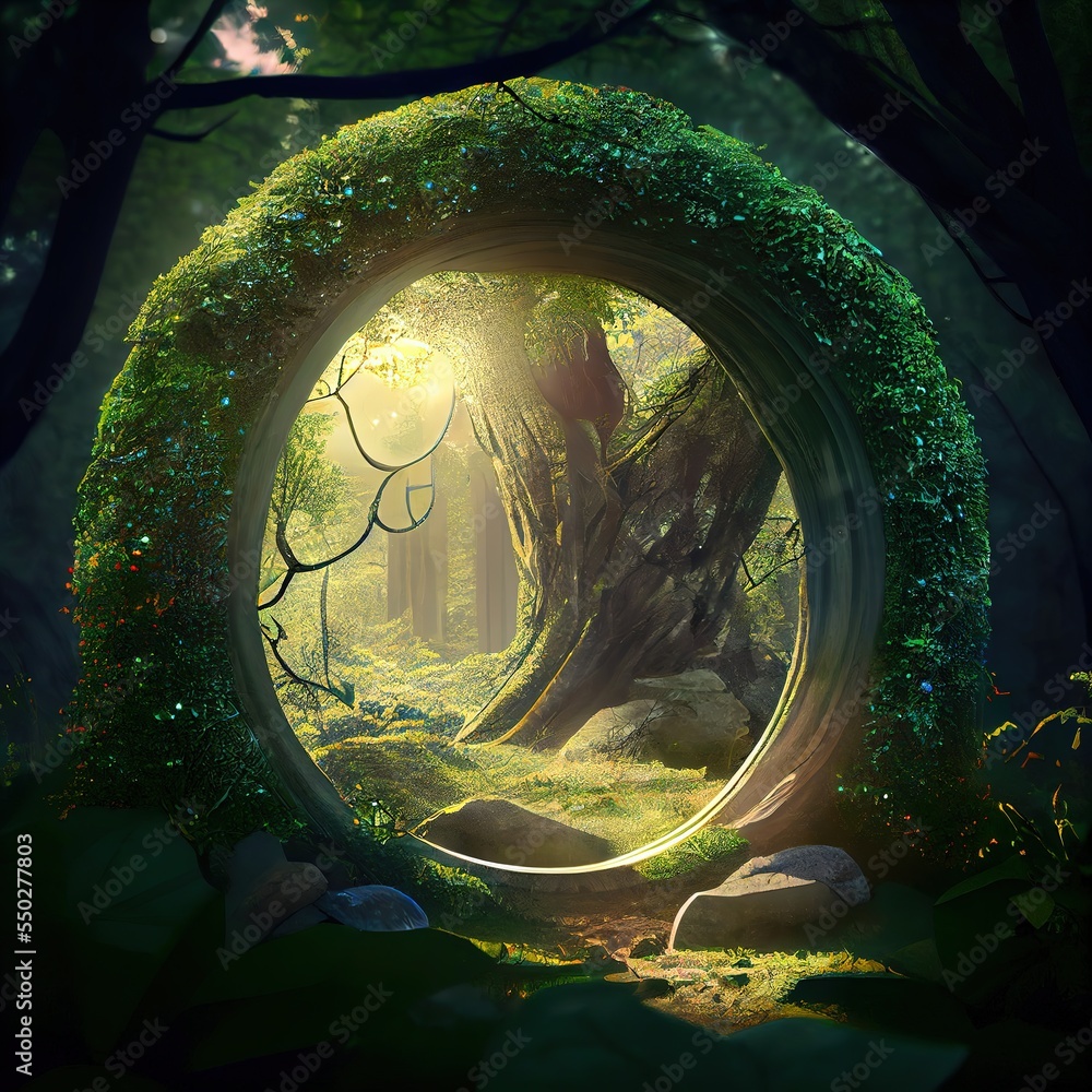 magical portal under an ancient stone arch located in the jungle. Wild ...