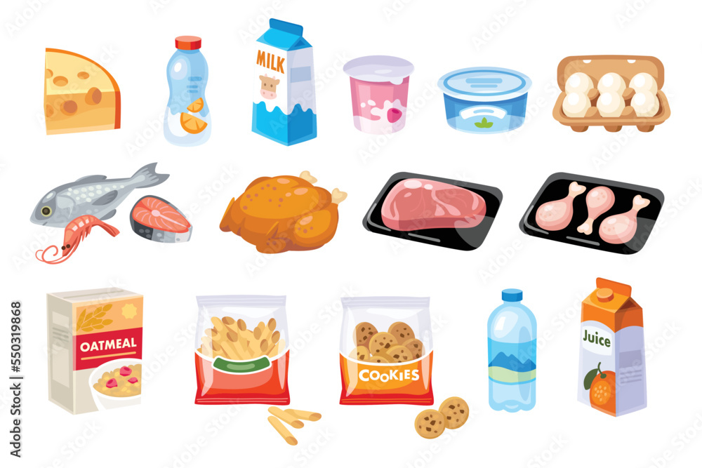 Collection, set of cartoon food and drink vector icons supermarket ...