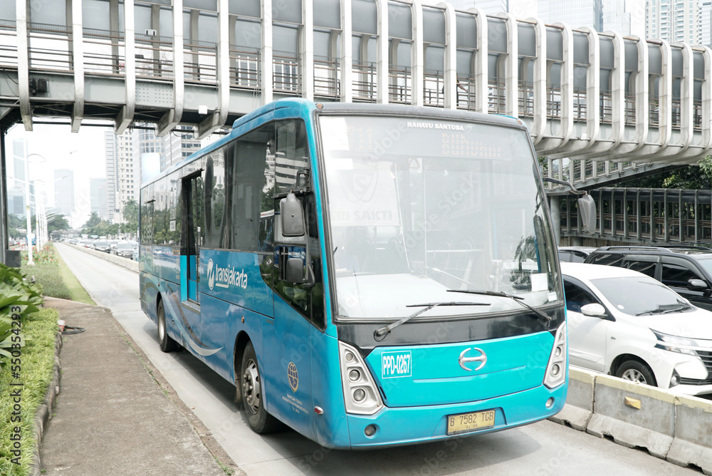 Hino bus Trans jakarta on the bus way line at Sudirman street Jakarta ...