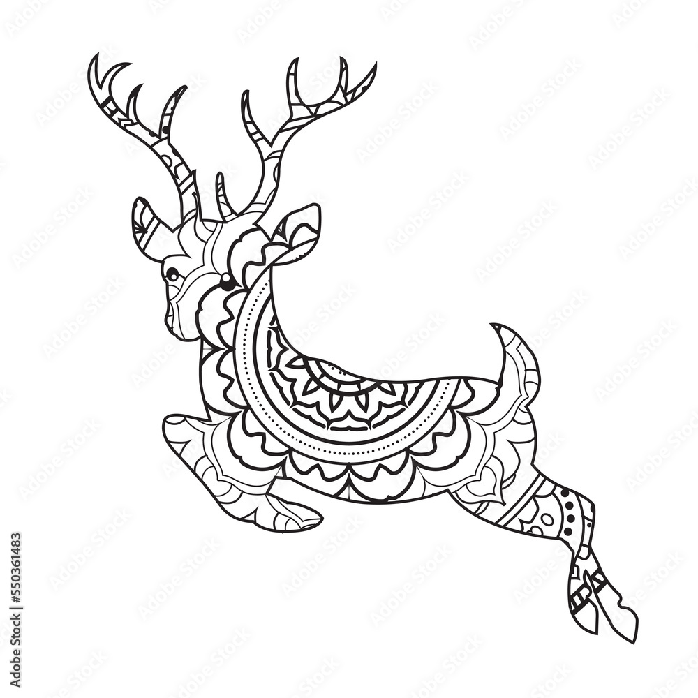 Zentangle reindeer mandala coloring page for adults christmas deer and ...