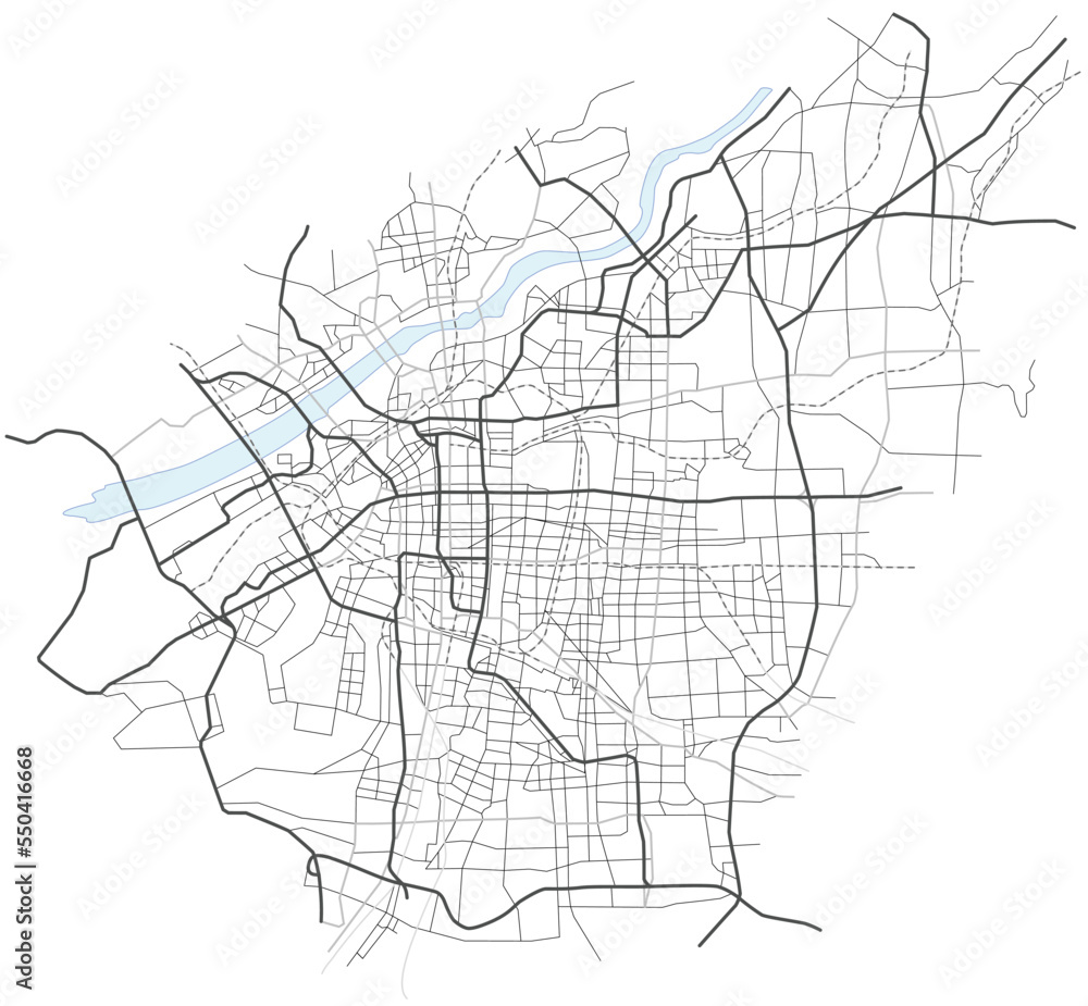 Osaka city map (Japan) - town streets on the plan. Monochrome line map ...