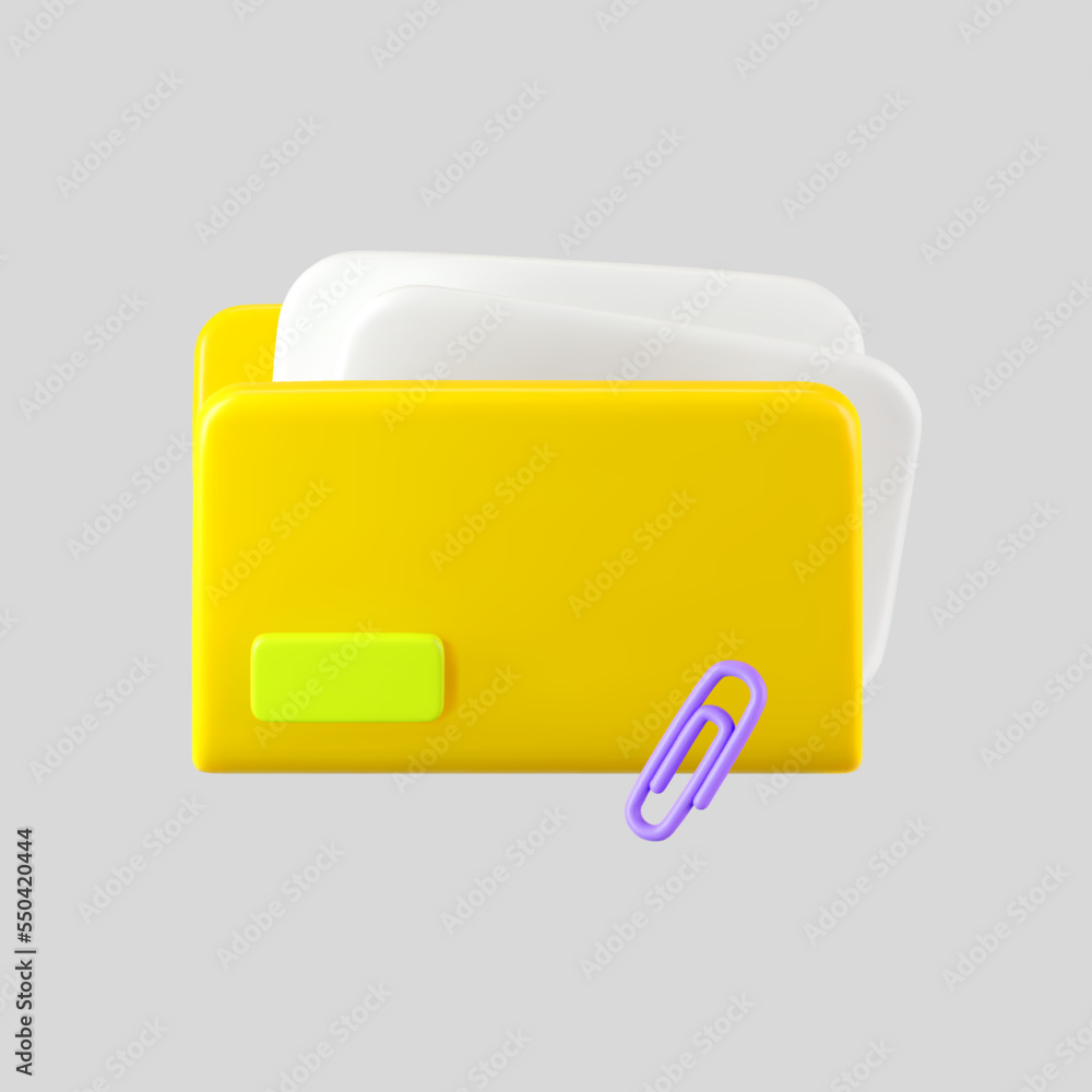 3d yellow computer file folder icon with blank document and clip paper isolated on background ...