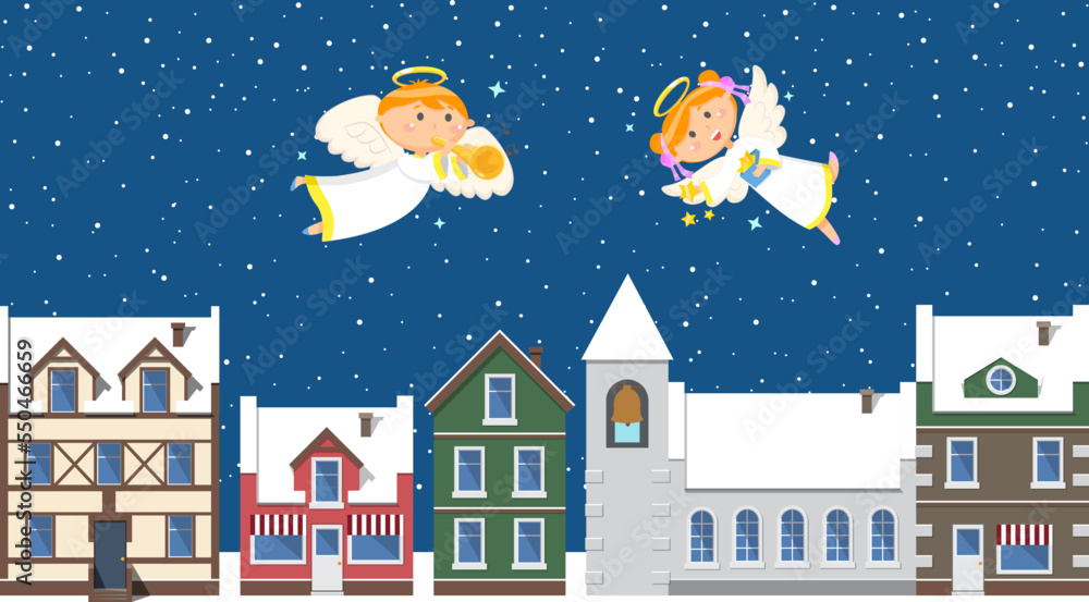 Winter landscape, Christmas angels above town in sky. Houses and snowy ...