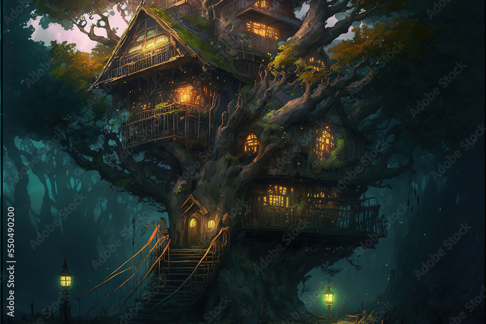 Fantasy tree house concept art Stock Illustration | Adobe Stock