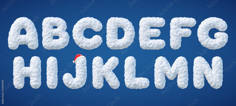 Snowy alphabet. Letters made of snow. Winter font isolated on blue ...