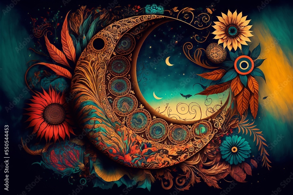 Bohemian (boho) backgroundwith crescent moon and flowers, generative ...
