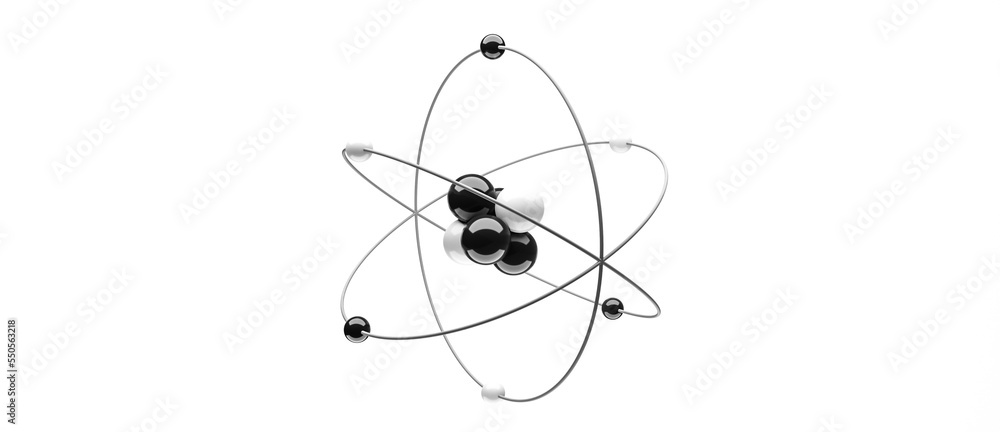 3D illustration model of an atom with nucleus, electrons, protons and ...