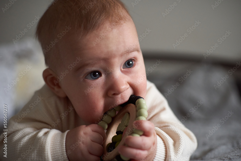 baby chewing teether toy. Infant growing first tooth. Boy biting toy on ...