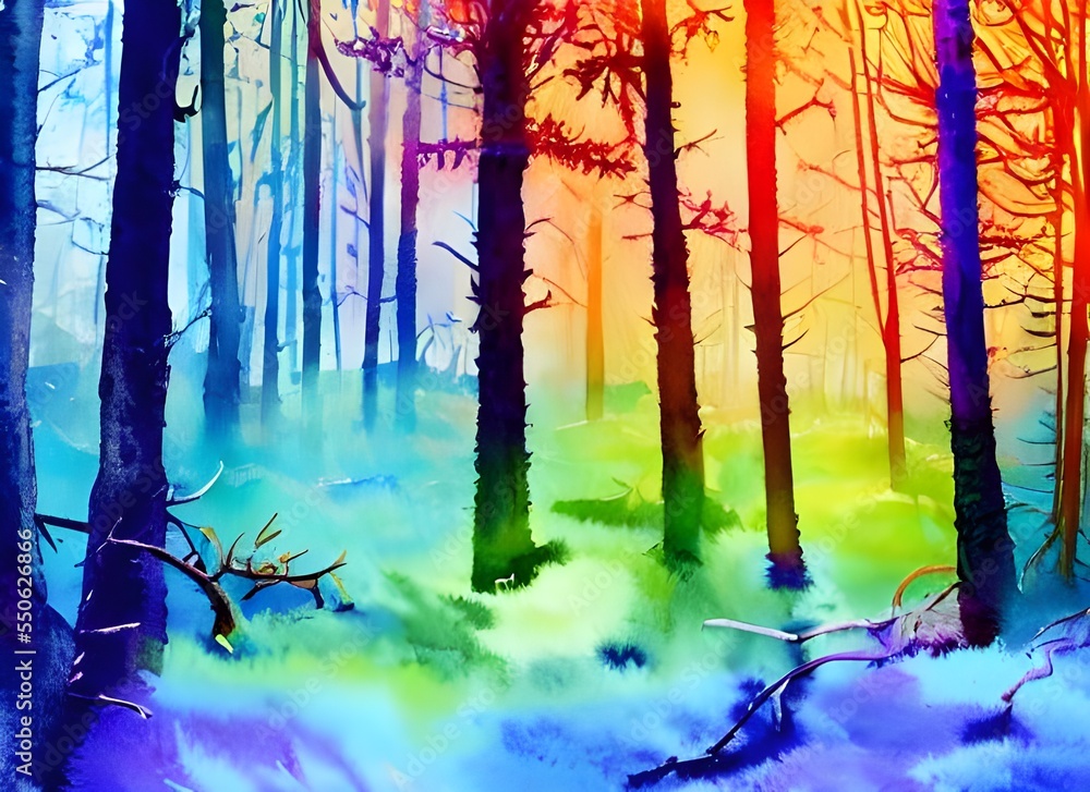 A winterm scene is painted in front of the viewer. In the center, a ...